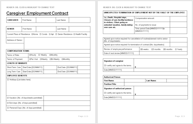 Caregiver Employment Contract-Short Form Template-wise caregiving ...
