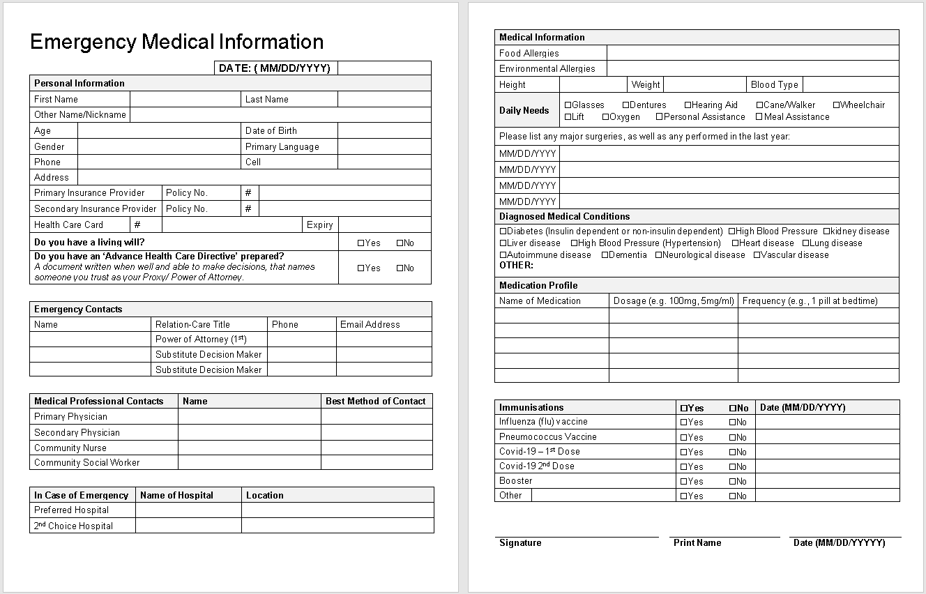 Emergency Medical Information Sheet-Wisecaregiving - Wise Caregiving®