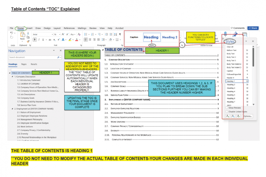 Update Table of Contents in WORD - Wise Caregiving